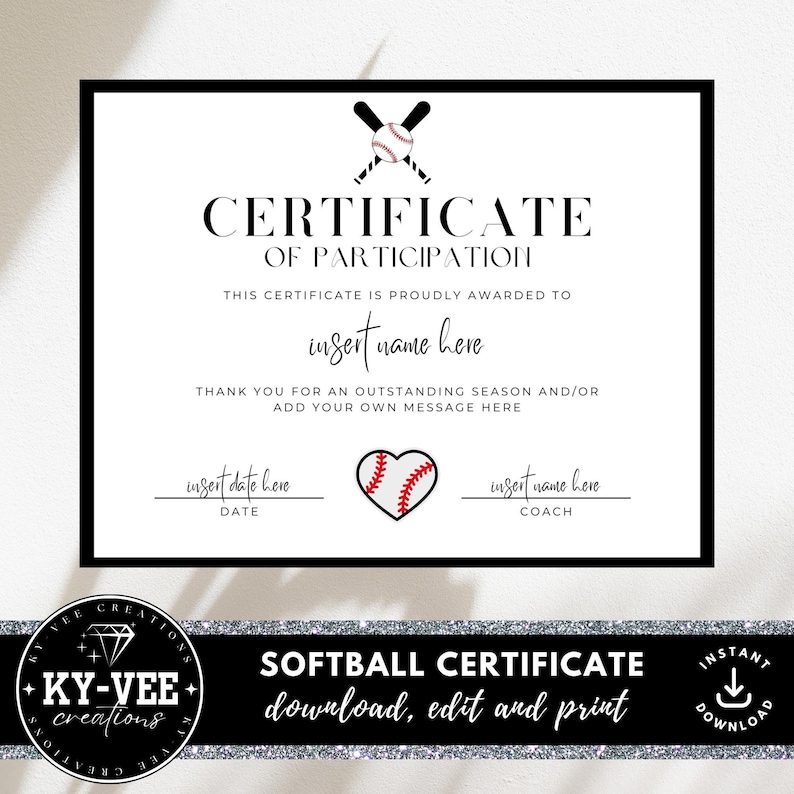 Printable Softball Certificates, INSTANT DOWNLOAD, Editable Softball ...