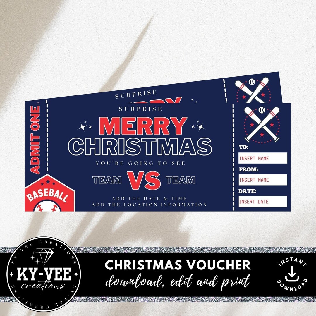 Printable Baseball Tickets, INSTANT DOWNLOAD, Surprise Merry Christmas Sports Voucher, Editable ...