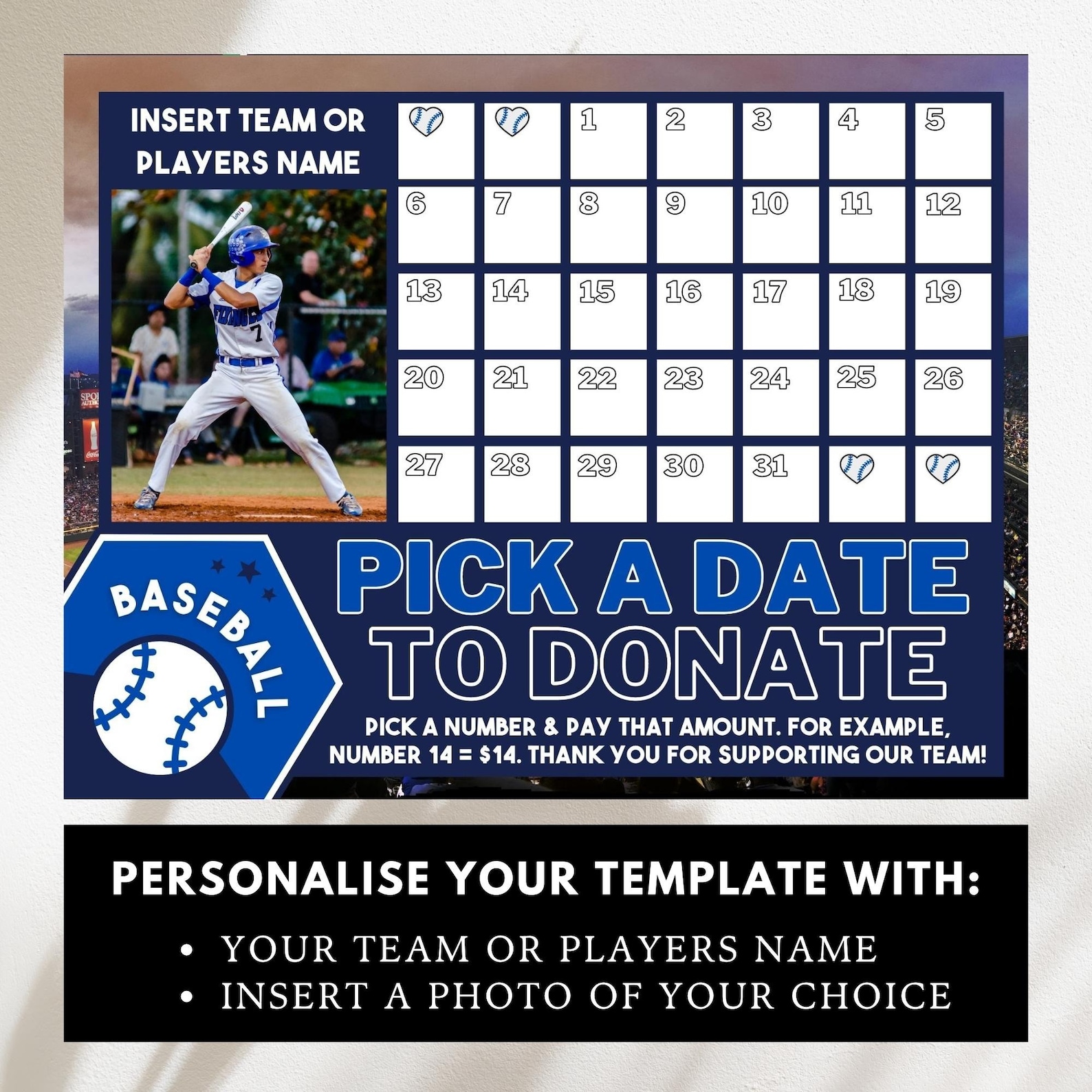 Pick a Date to Donate Baseball Editable Calendar Fundraiser Template ...