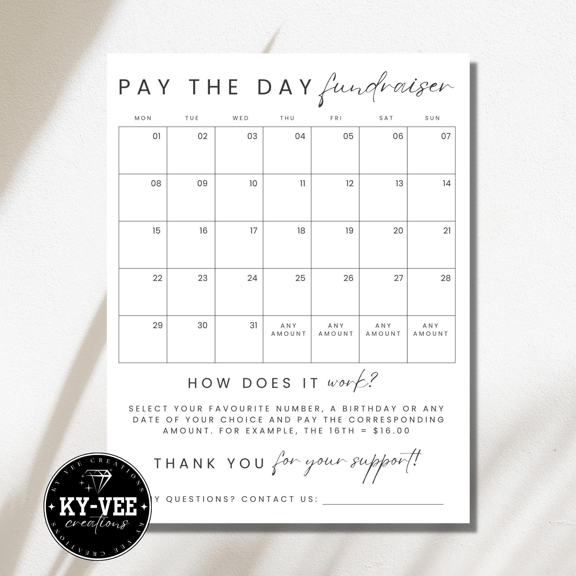 Pick a Date to Donate Minimal Calendar, Printable Pay the Day ...