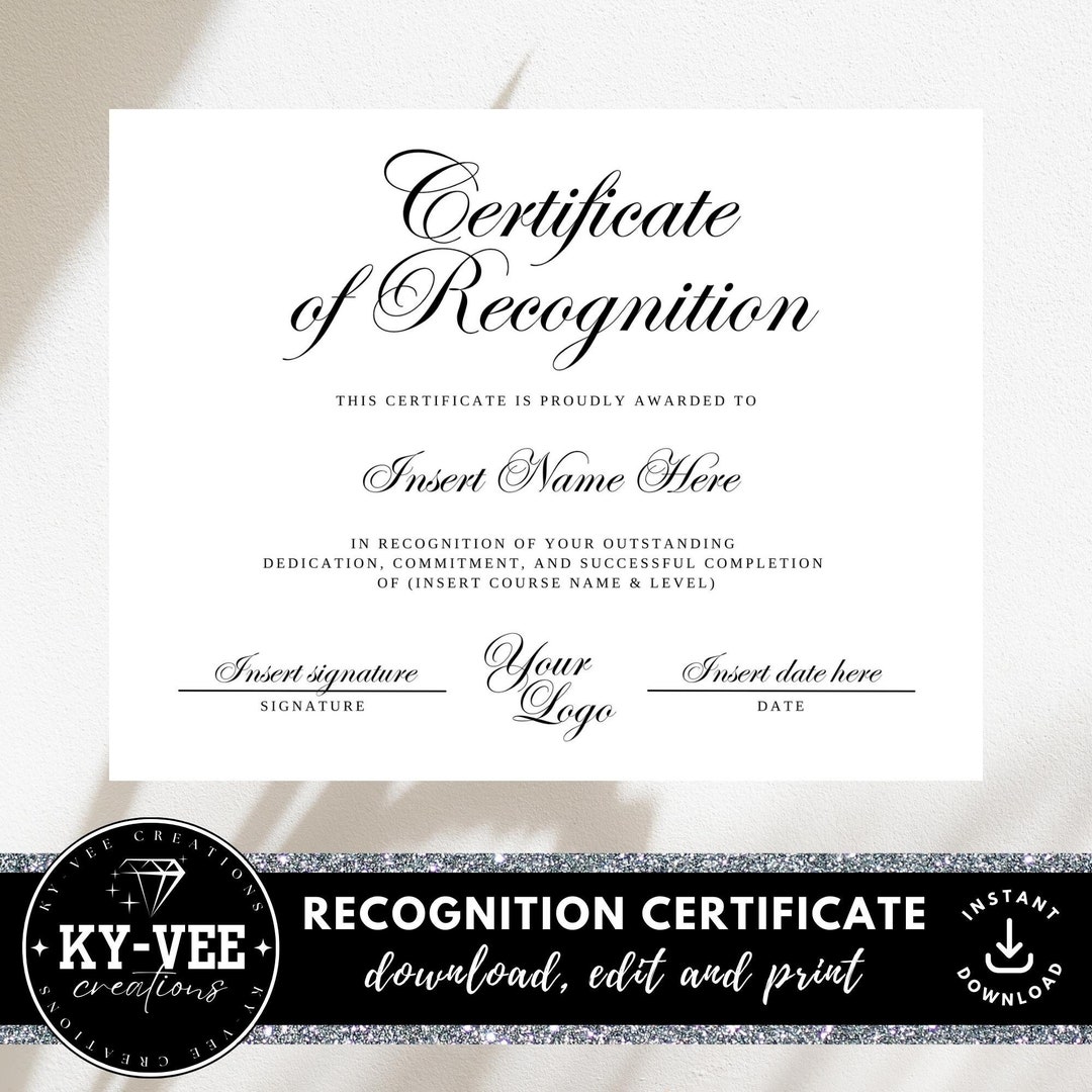 Certificate of Recognition, Editable Course Completion Award, Printable ...