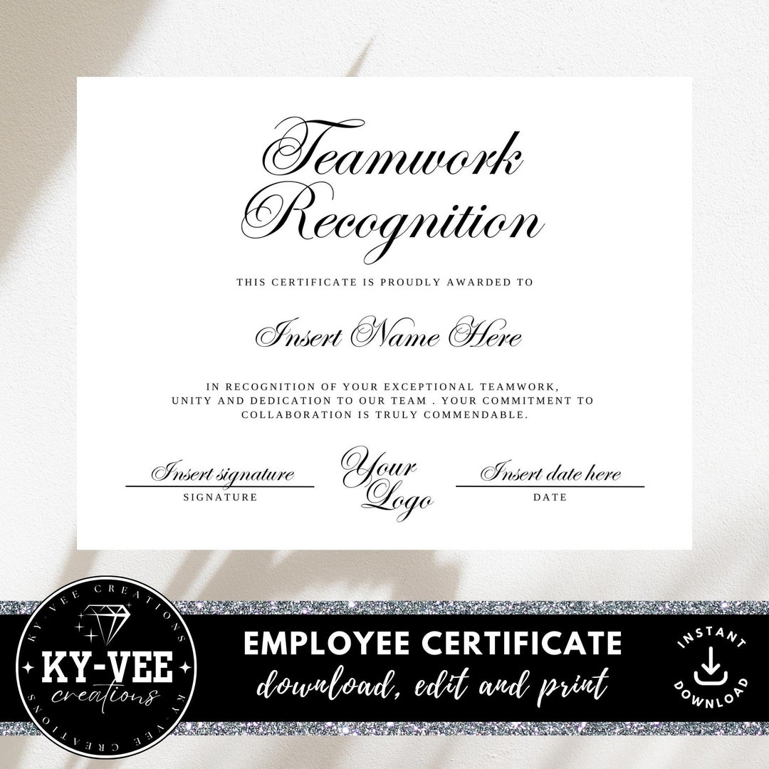 Teamwork Recognition Certificate, INSTANT DOWNLOAD, Printable Employee ...