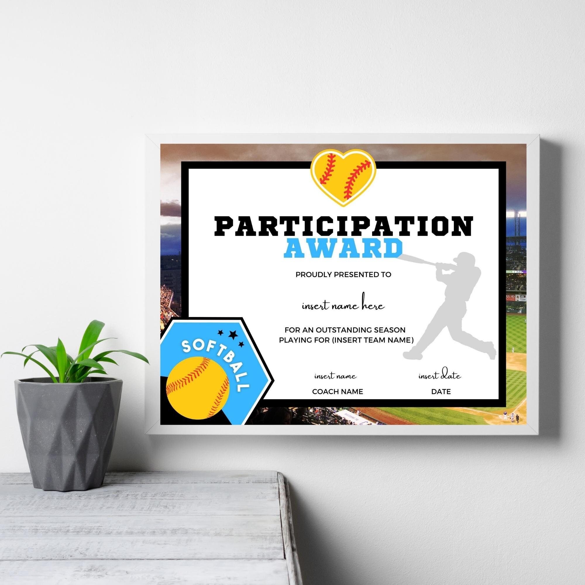 Softball Certificate Template, INSTANT DOWNLOAD, Printable Softball ...