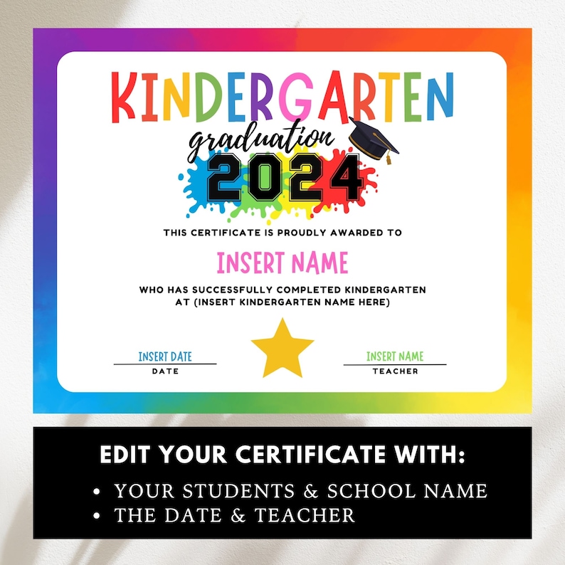 Kindergarten Graduation Certificate Template, INSTANT DOWNLOAD ...