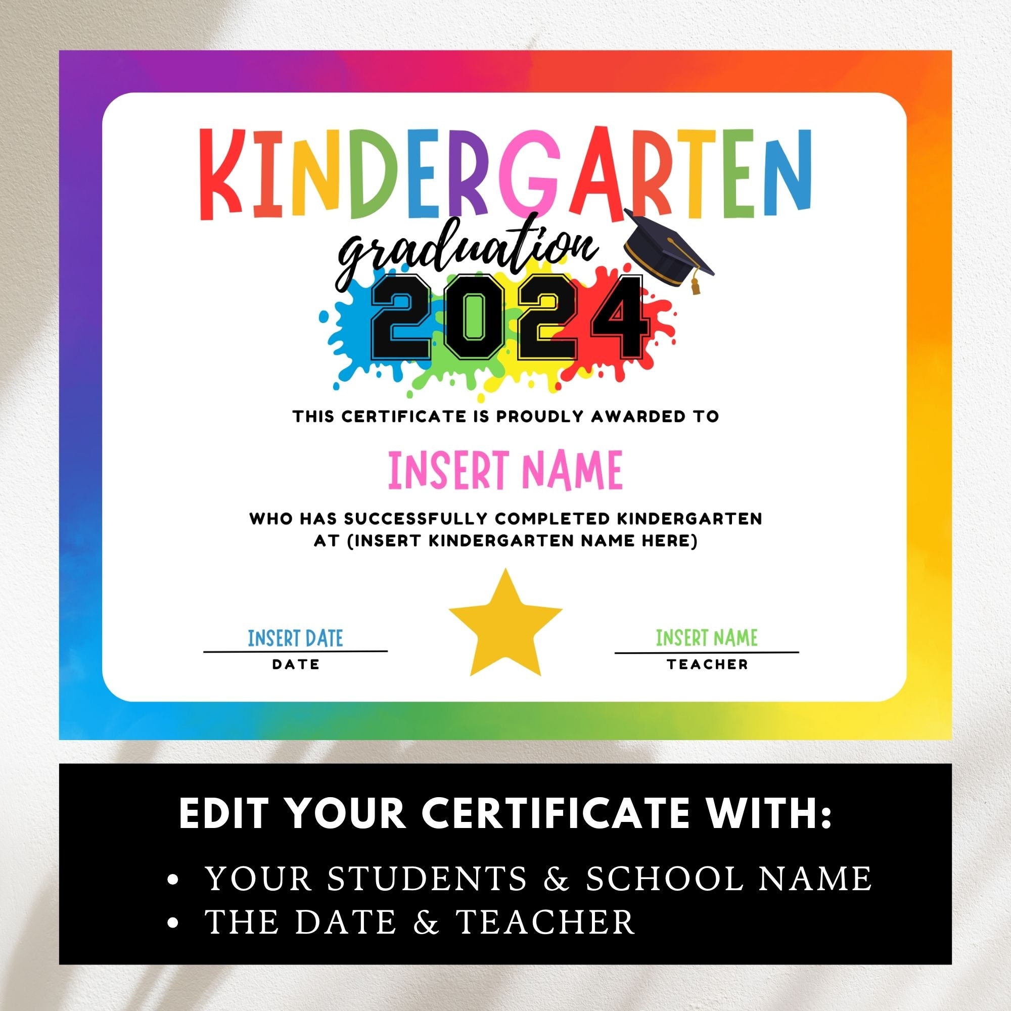 Kindergarten Graduation Certificate Template, INSTANT DOWNLOAD ...