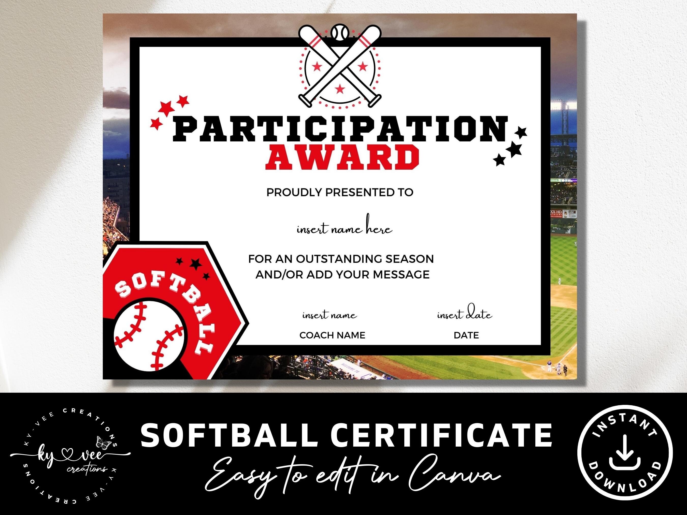 Softball Certificate Template INSTANT DOWNLOAD Printable - Etsy