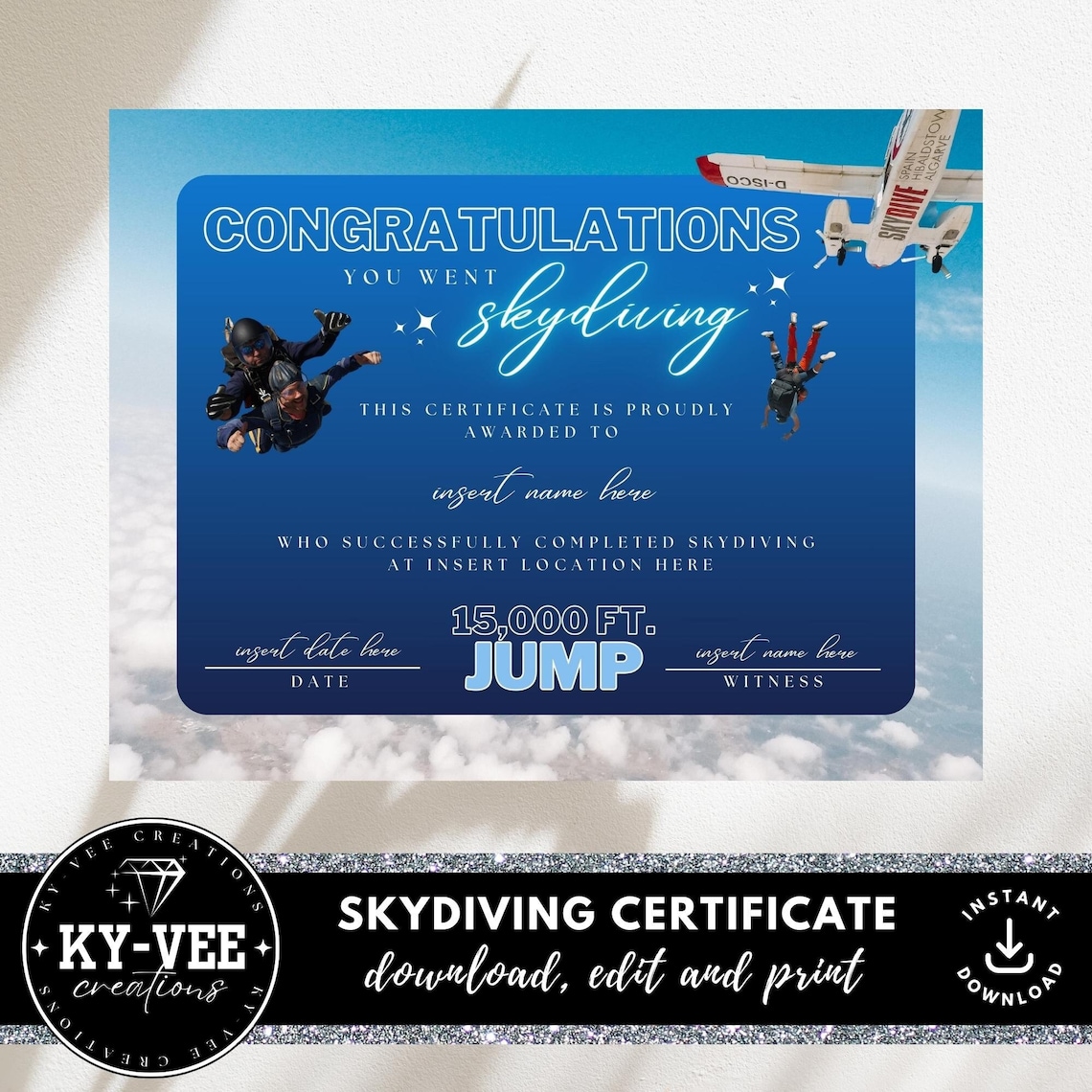 Skydiving Certificate INSTANT DOWNLOAD Printable Sky Dive - Etsy