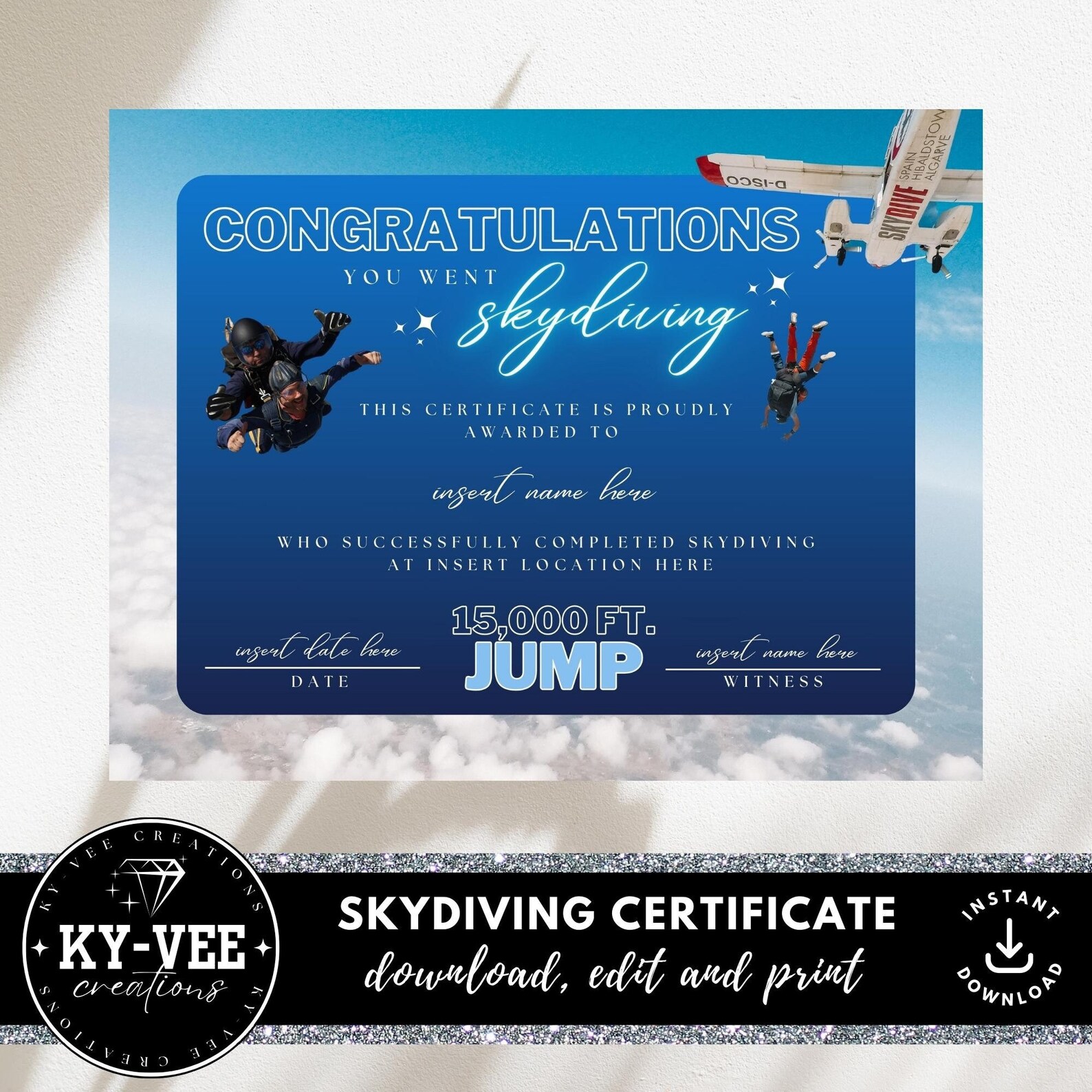 Skydiving Certificate, INSTANT DOWNLOAD, Printable Sky Dive Canva ...