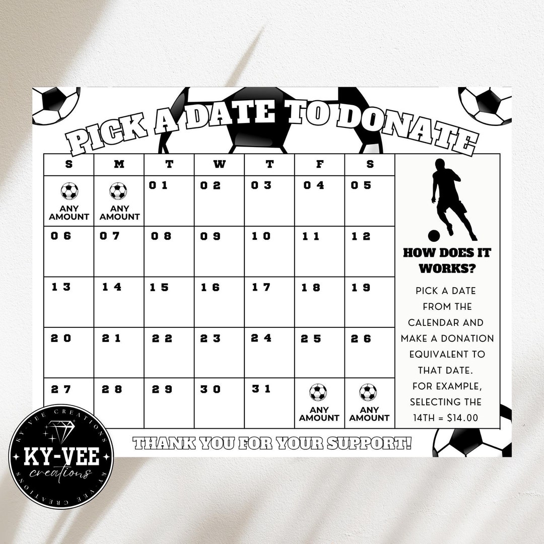 Pick a Date to Donate Soccer Calendar Printable Fundraiser - Etsy