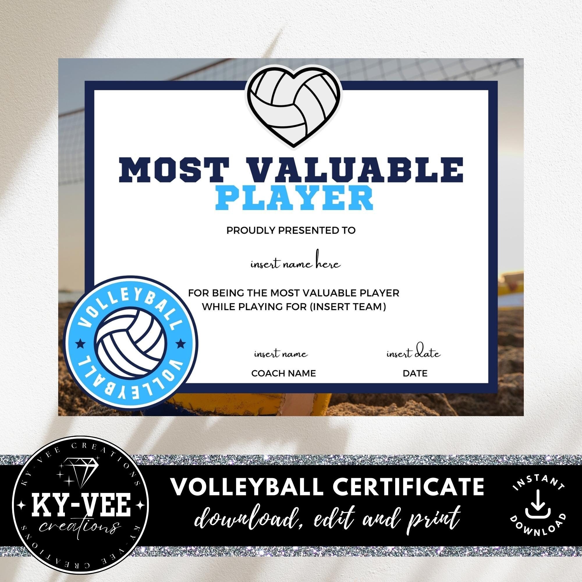 Volleyball Certificate Template, INSTANT DOWNLOAD, Most Valuable Player ...