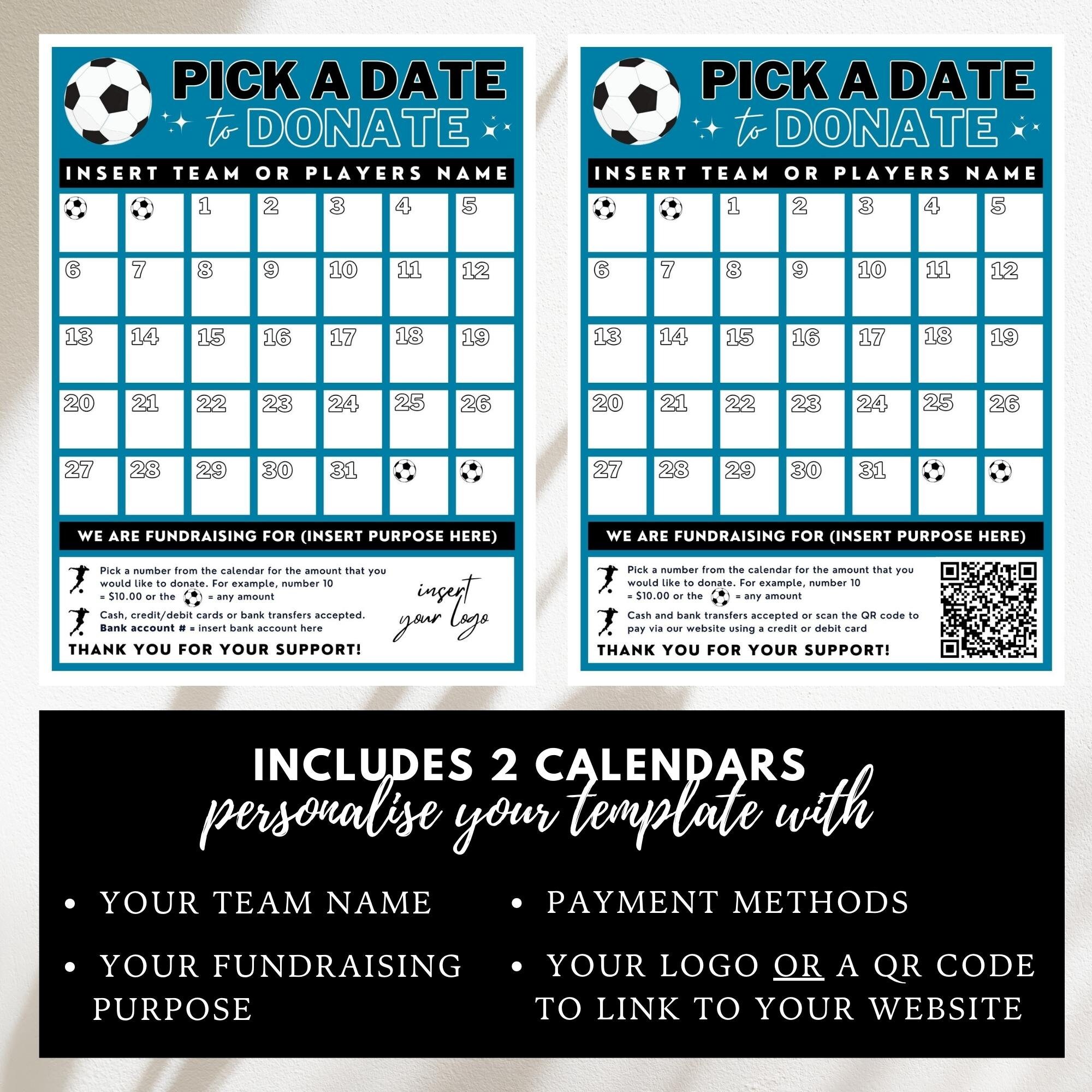 Pick a Date to Donate Soccer Calendar Fundraiser Template - Etsy