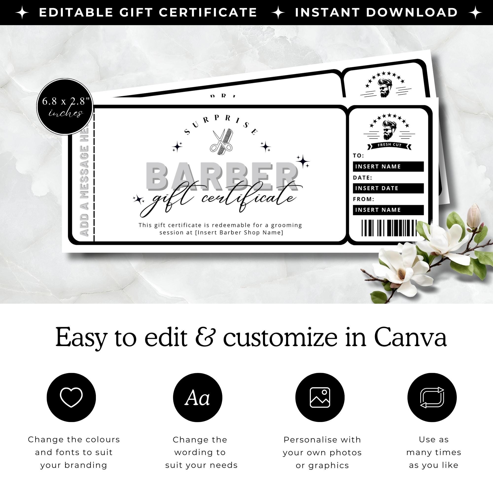 Barber Gift Certificate, Printable Hair Cut Styling Coupons, Editable ...