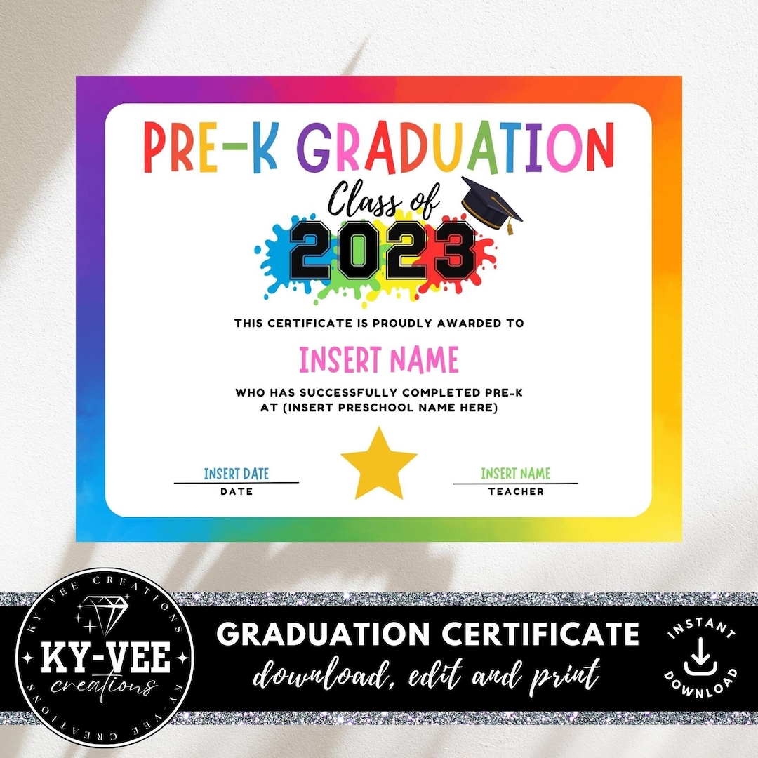 Pre K Graduation Certificate INSTANT DOWNLOAD Printable - Etsy