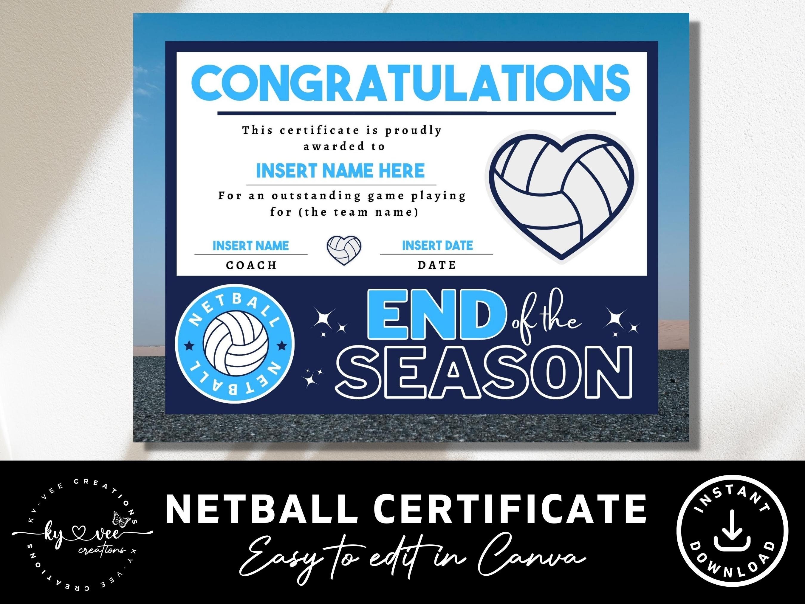 Netball Certificate Template INSTANT DOWNLOAD Printable End - Etsy ...