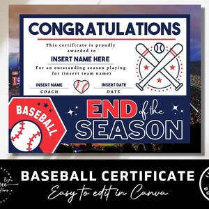 Editable Baseball Certificate Template INSTANT DOWNLOAD - Etsy