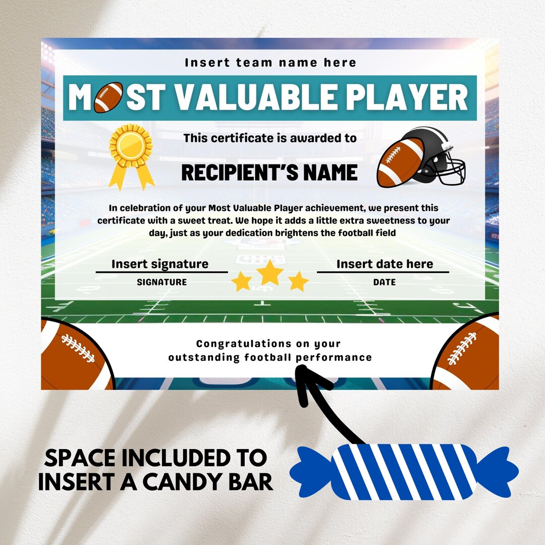 Football Award Certificate, Most Valuable Player, Printable Candy Bar ...
