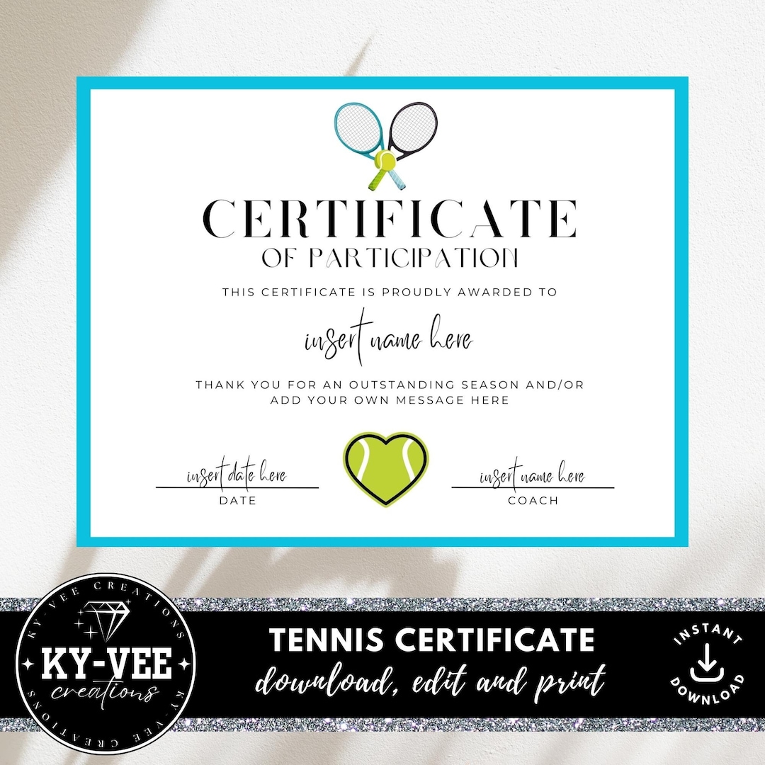 Printable Tennis Certificate Template, INSTANT DOWNLOAD, Editable ...