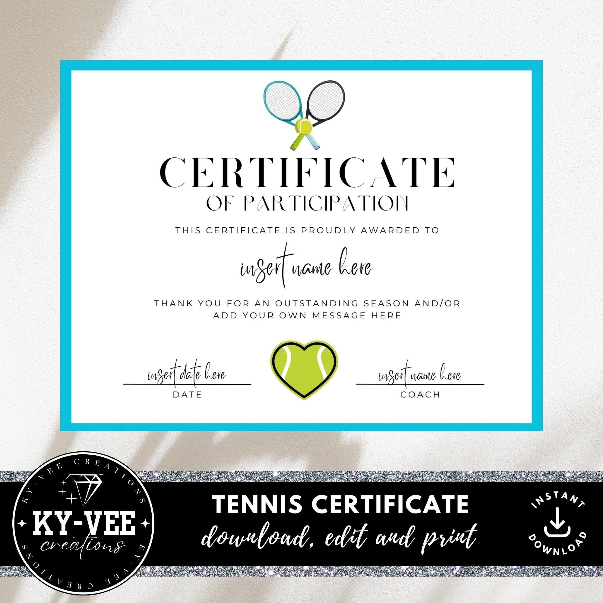 Printable Tennis Certificate Template, INSTANT DOWNLOAD, Editable ...