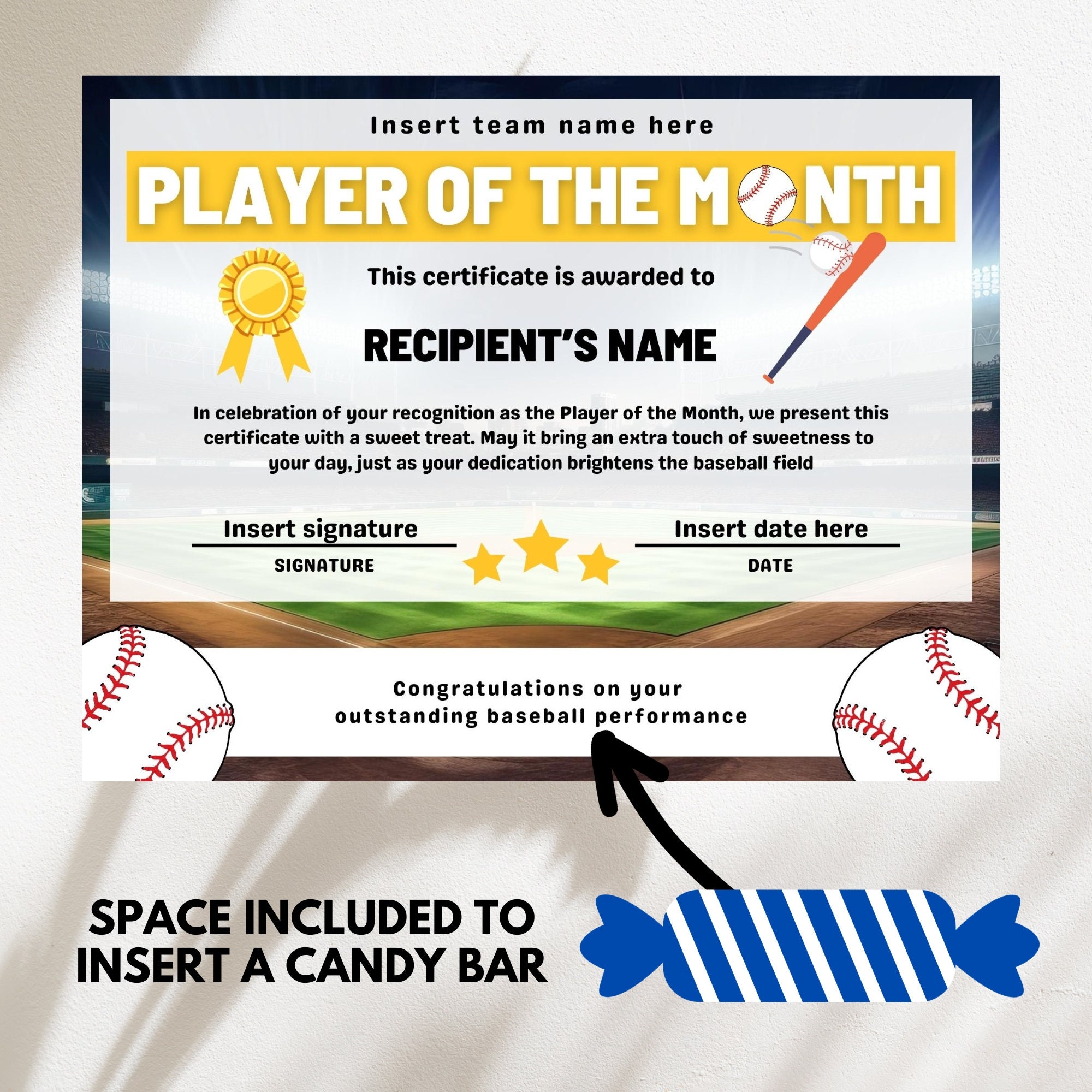Baseball Award Certificate Template Candy Bar Sports Award - Etsy