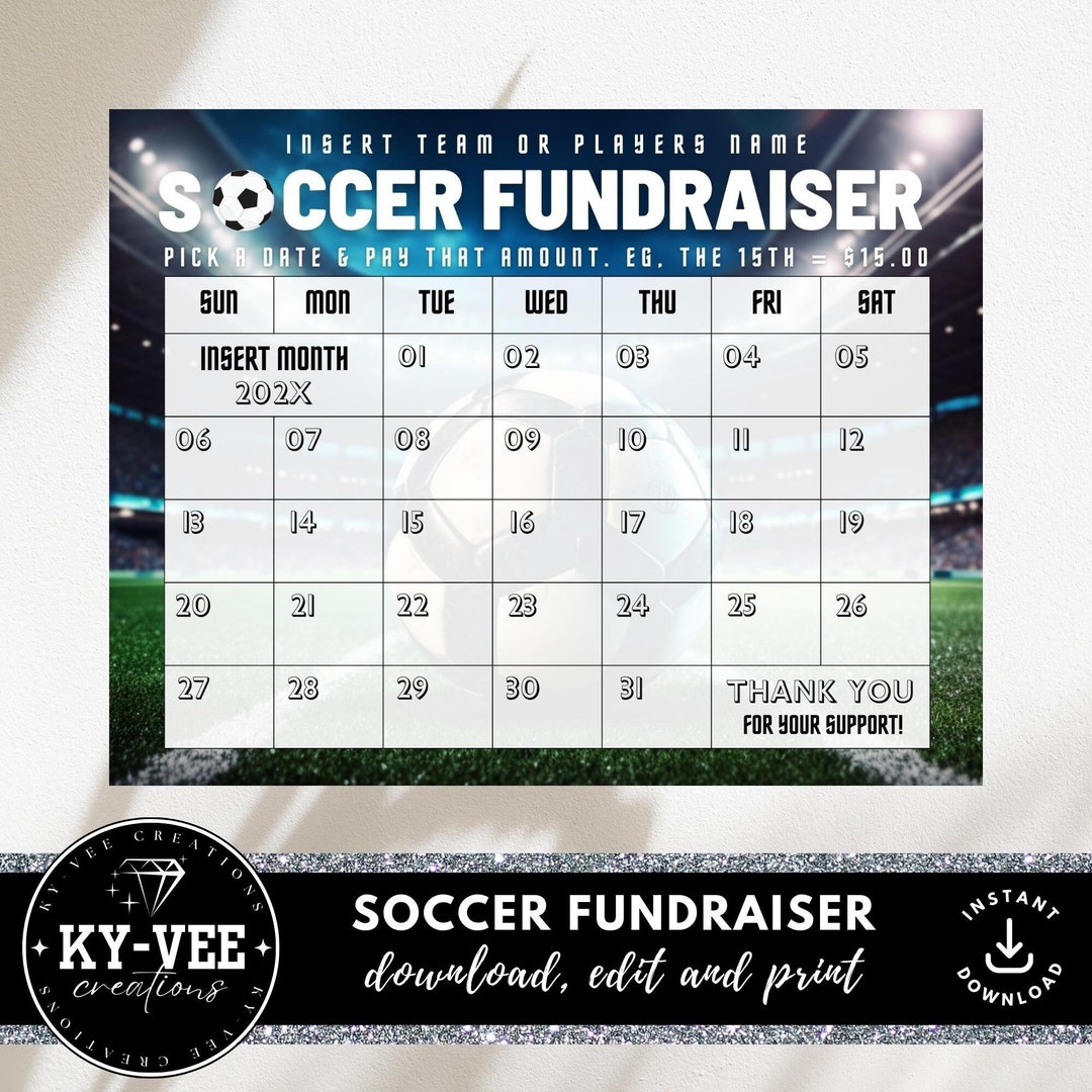 Pick a Date to Donate Soccer Calendar, Pay the Day Fundraiser, Black ...