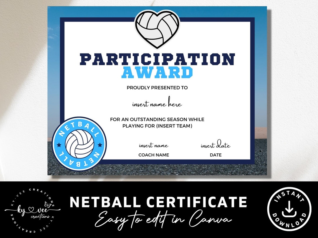 Netball Certificate Template INSTANT DOWNLOAD Printable - Etsy