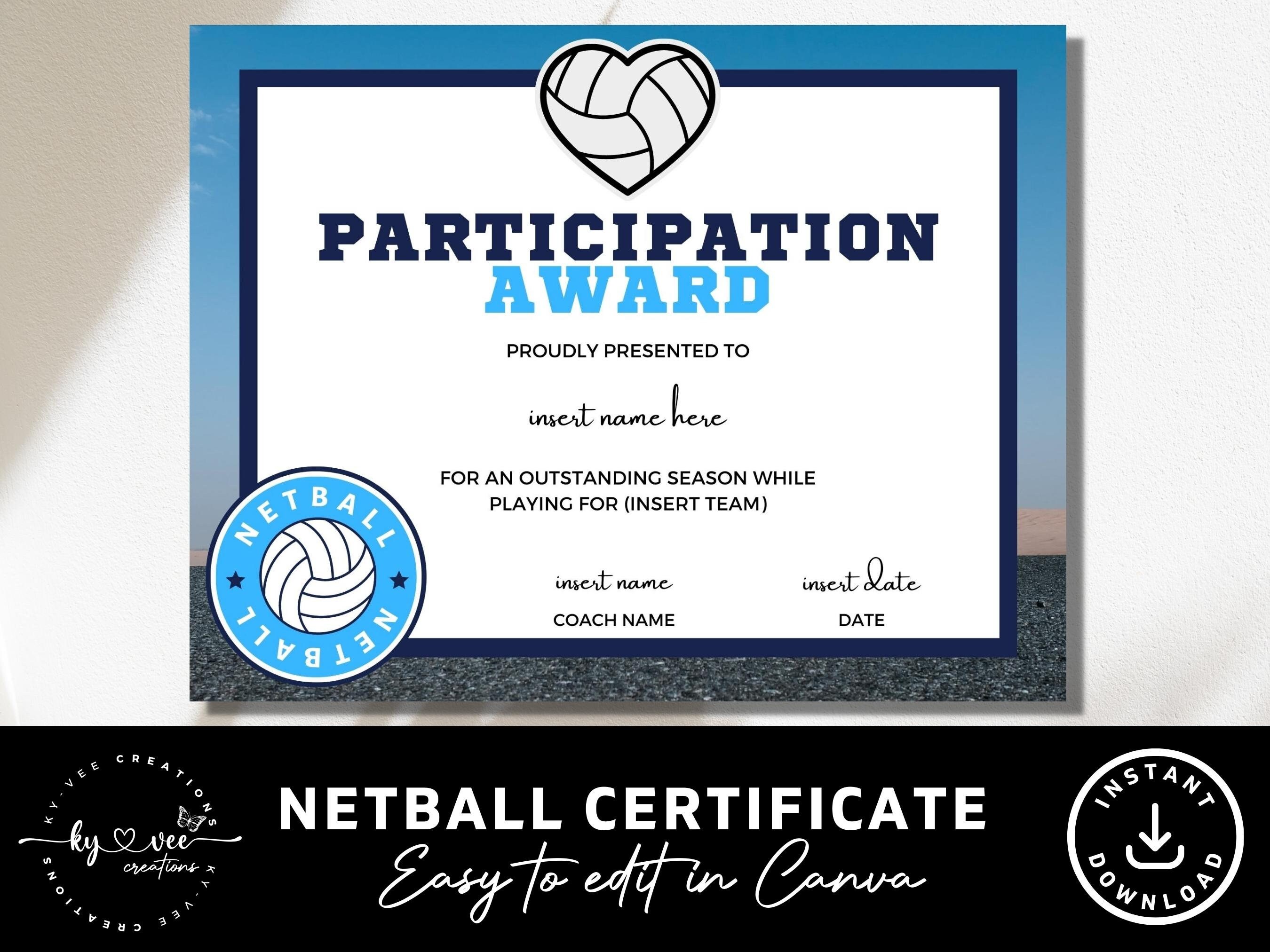 Netball Certificate Template INSTANT DOWNLOAD Printable - Etsy Australia
