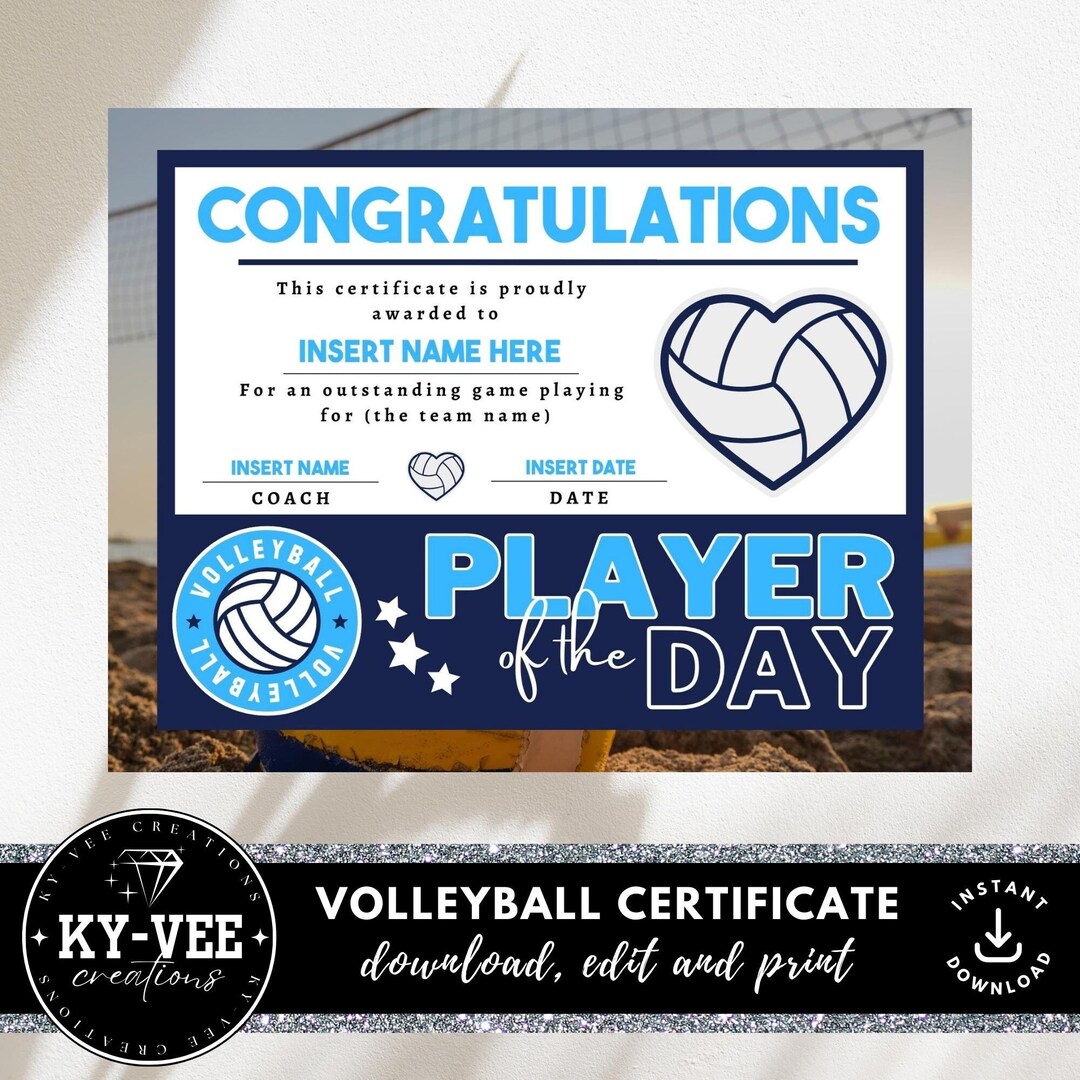 Volleyball Certificate Template, INSTANT DOWNLOAD, Editable Volleyball ...