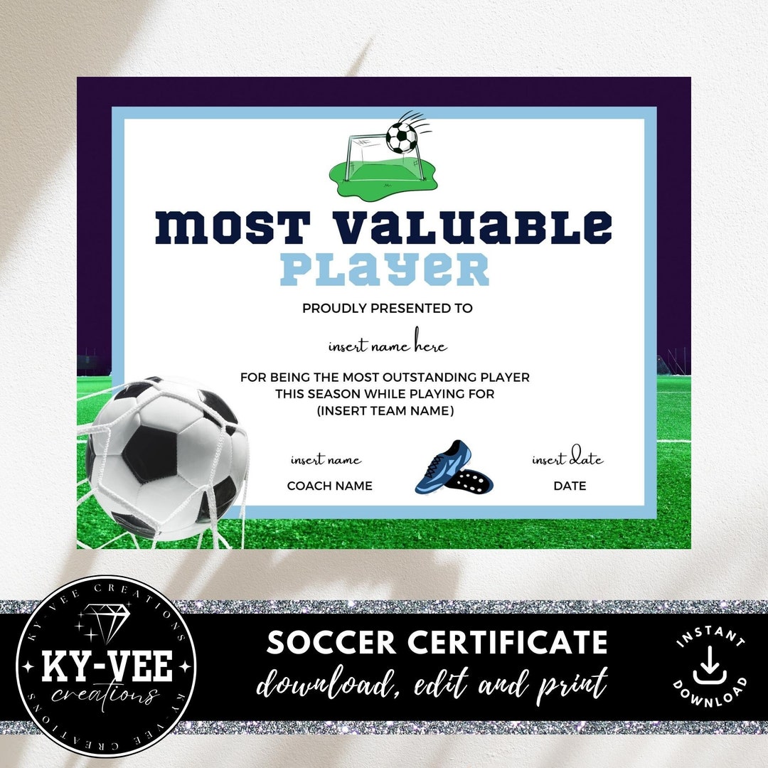 Soccer Most Valuable Player Certificate, INSTANT DOWNLOAD, Editable ...