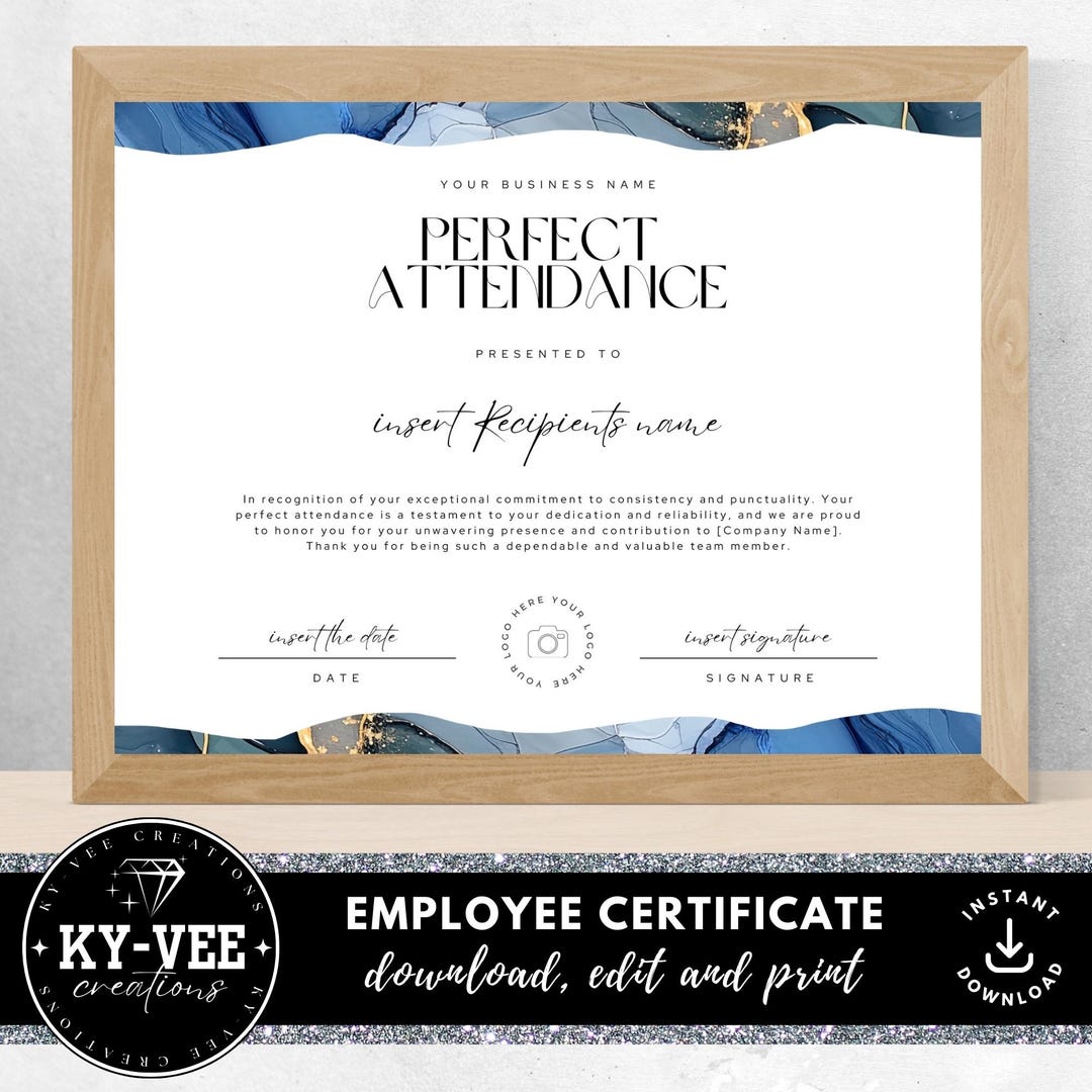 Certificate of Perfect Attendance Template, INSTANT DOWNLOAD, Editable ...