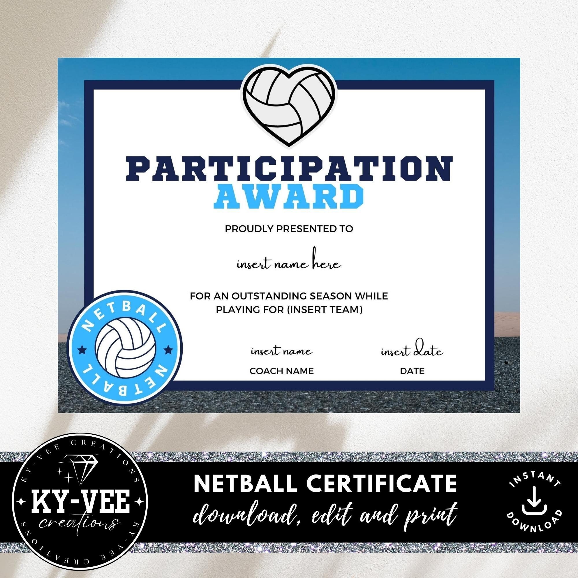 Netball Certificate Template, INSTANT DOWNLOAD, Printable Participation ...