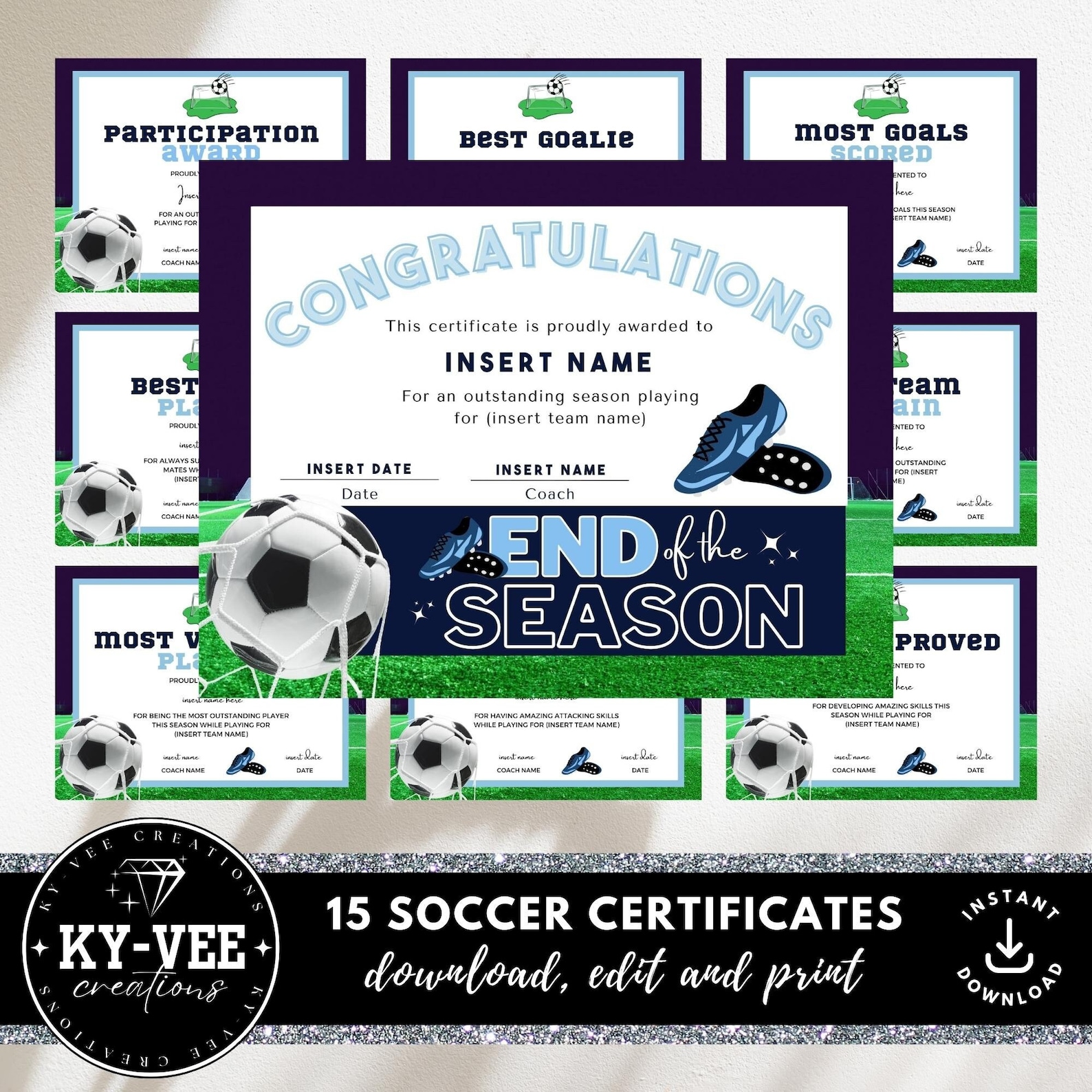15 Printable Soccer Award Certificates, INSTANT DOWNLOAD, Editable ...