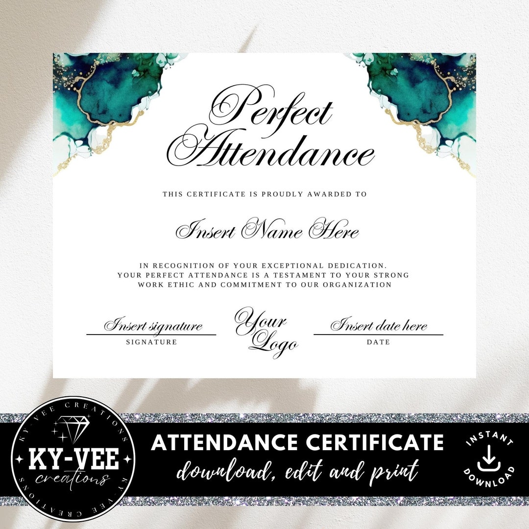 Certificate of Perfect Attendance Template, INSTANT DOWNLOAD, Editable ...