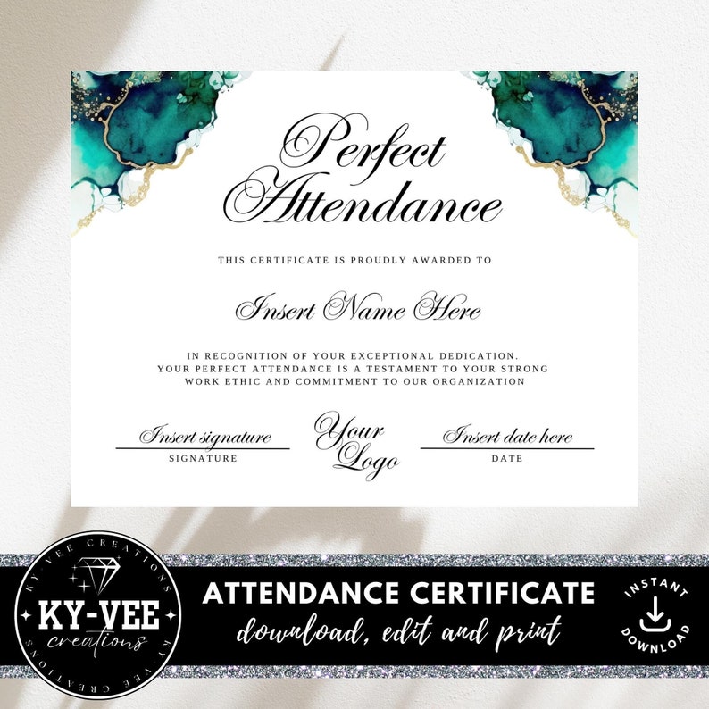 Certificate of Perfect Attendance Template, INSTANT DOWNLOAD, Editable ...