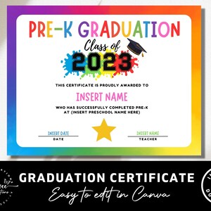 Pre K Graduation Certificate INSTANT DOWNLOAD Printable - Etsy