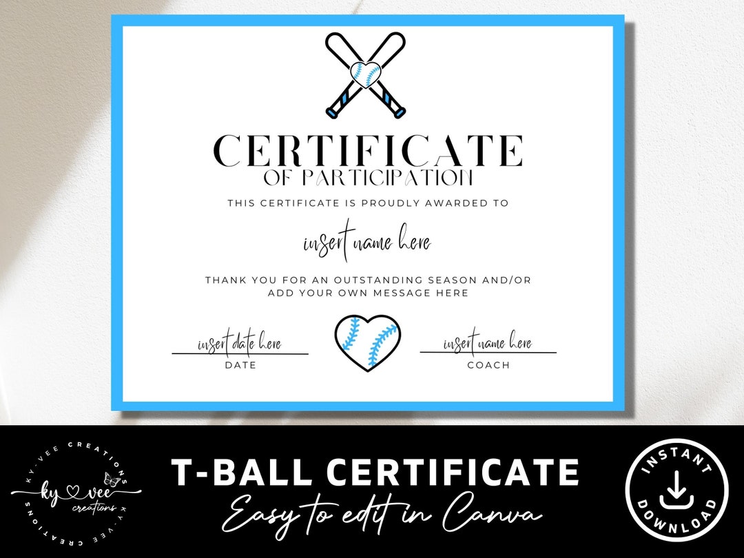 T Ball Certificate Template INSTANT DOWNLOAD Editable Player - Etsy