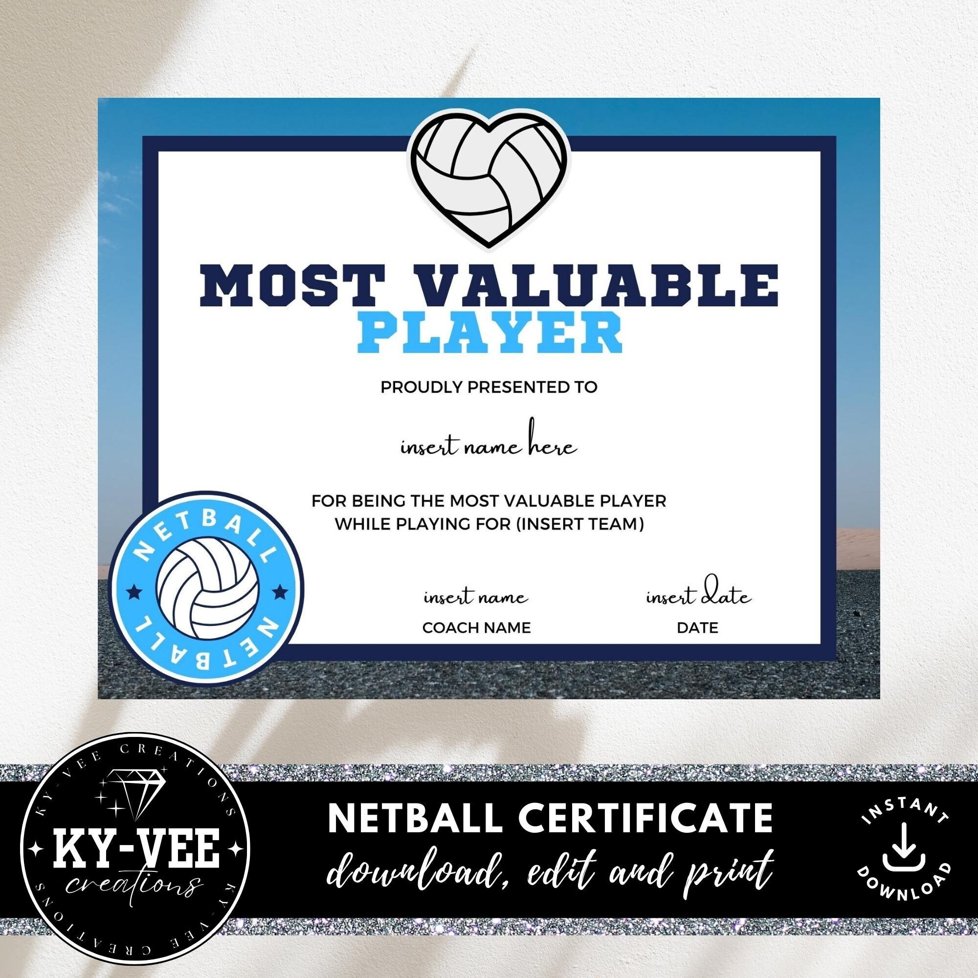 Netball Certificate Template, INSTANT DOWNLOAD, Most Valuable Player ...