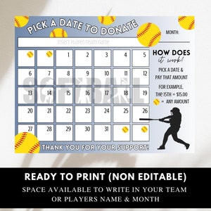 Pick a Date to Donate Softball Calendar, Printable Fundraiser, Pay the ...