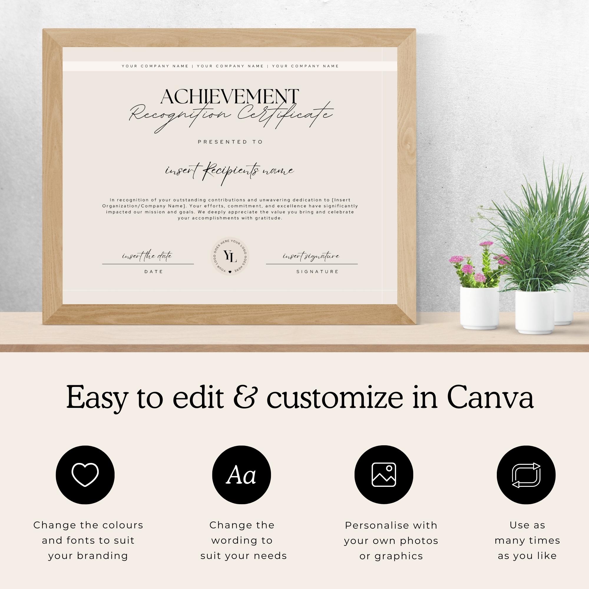 Template for Achievement Recognition Certificate, INSTANT DOWNLOAD ...