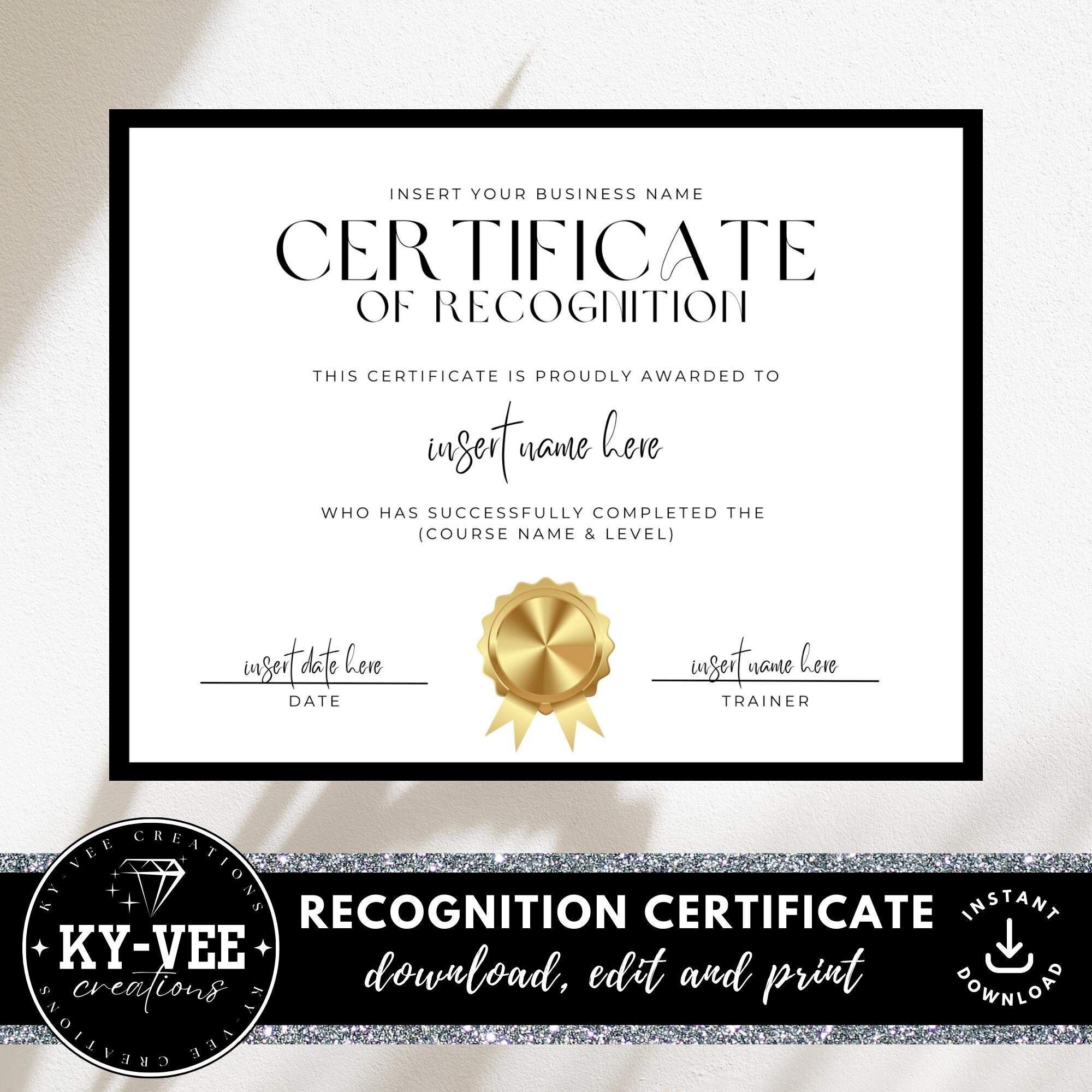Template for Certificate of Recognition, INSTANT DOWNLOAD, Recognition ...