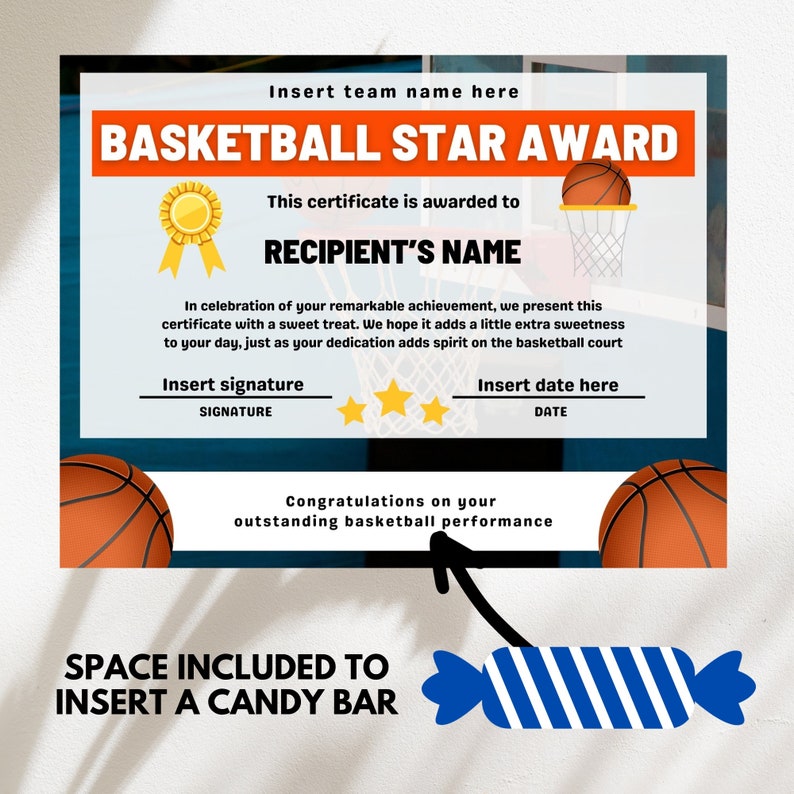 Basketball Award Certificate Template, Candy Bar Sports Award, INSTANT ...