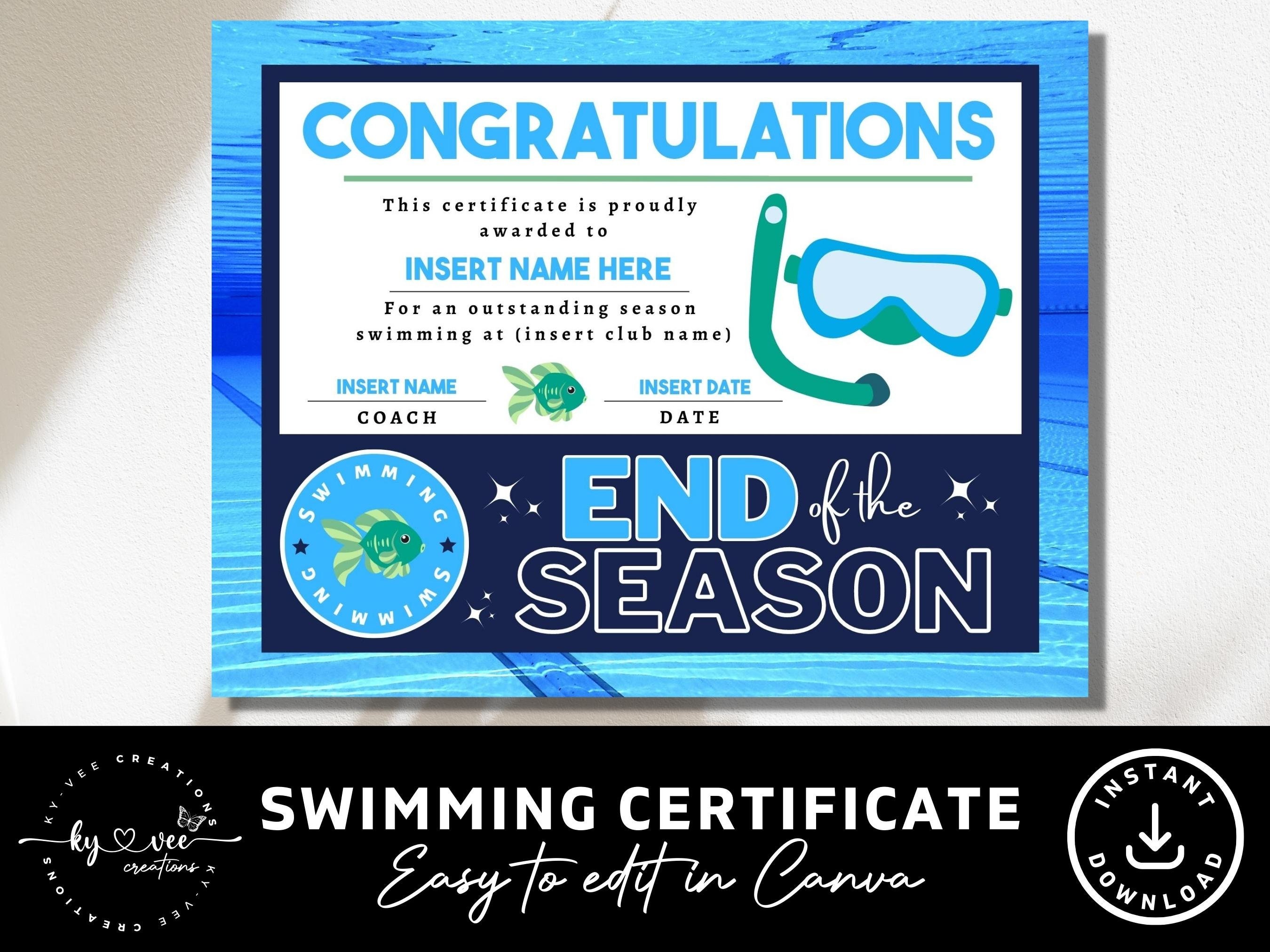 Swimming Certificate Template INSTANT DOWNLOAD Printable End - Etsy
