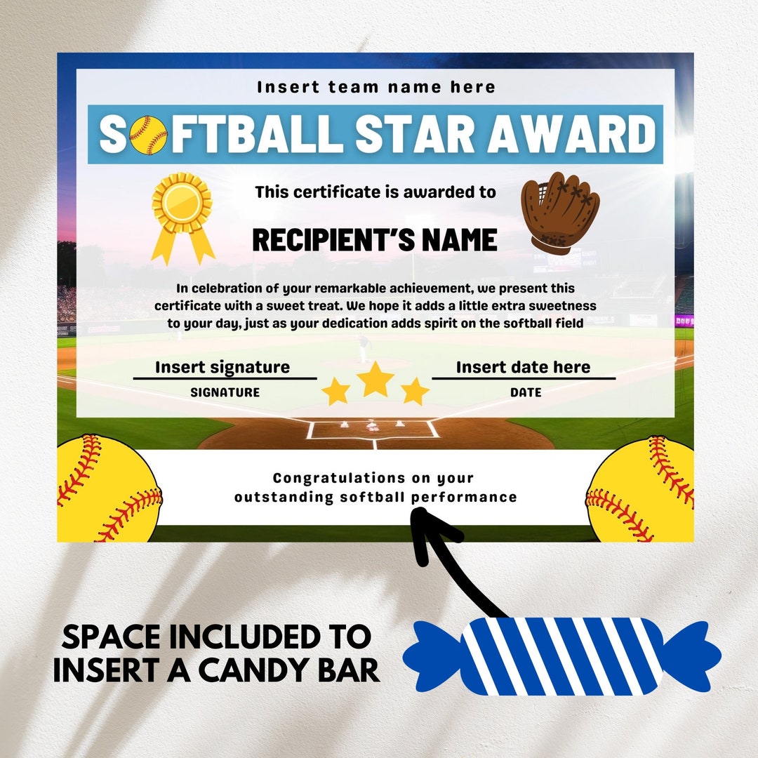 Softball Certificates Candy Bar, Sports Award, Printable Certificate ...