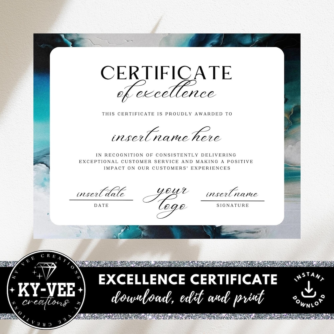 Template for Certificate of Excellence, INSTANT DOWNLOAD, Printable ...