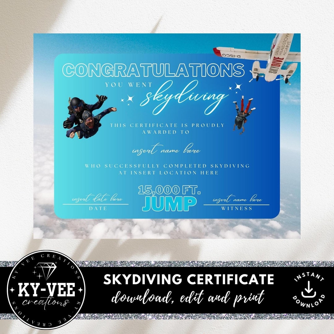 Skydiving Certificate, INSTANT DOWNLOAD, Editable Skydiving Template ...