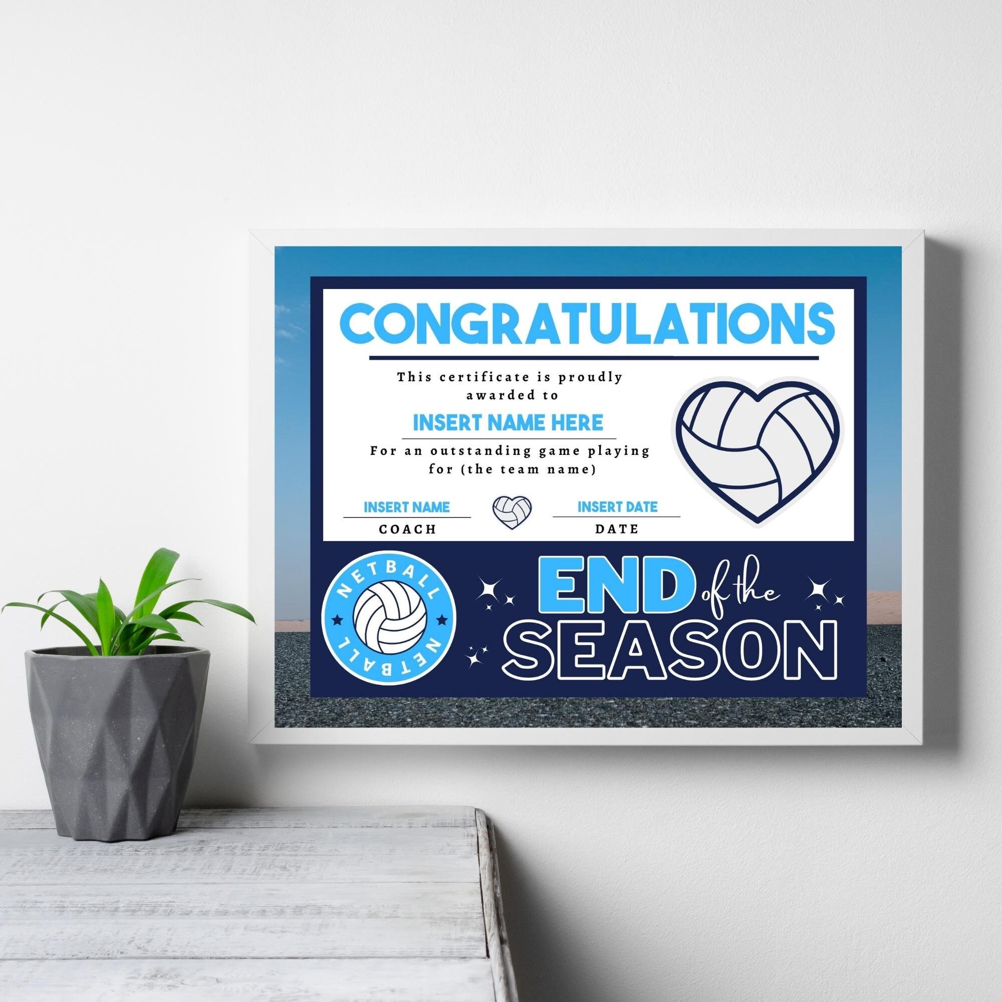 Netball Certificate Template, INSTANT DOWNLOAD, Printable End of the ...