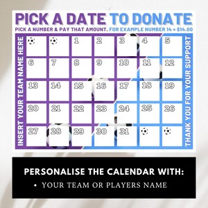 Pick a Date to Donate Football/soccer Editable Calendar, Pay the Day ...