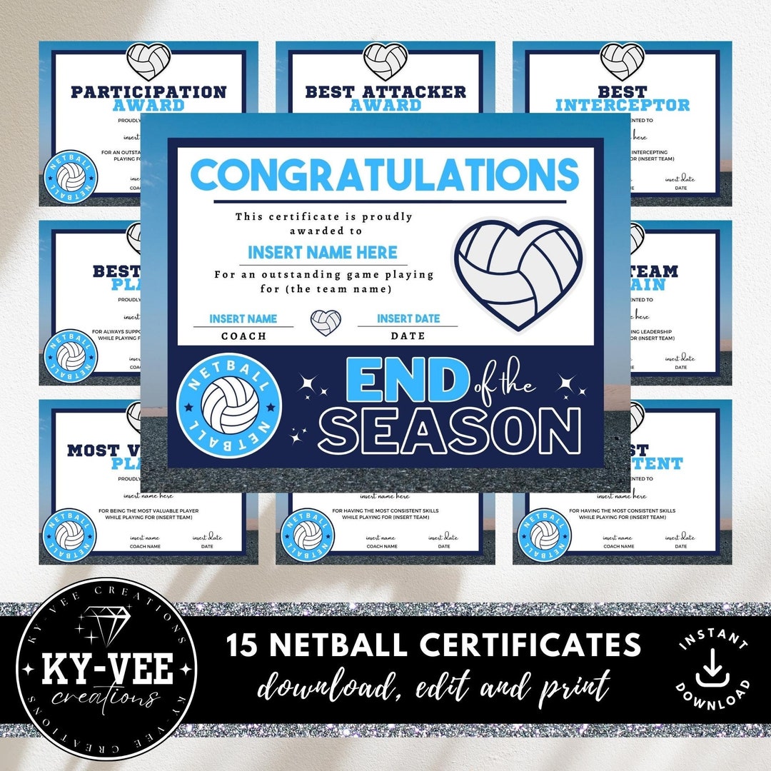 15 Netball Certificate Templates, INSTANT DOWNLOAD, Editable Awards ...