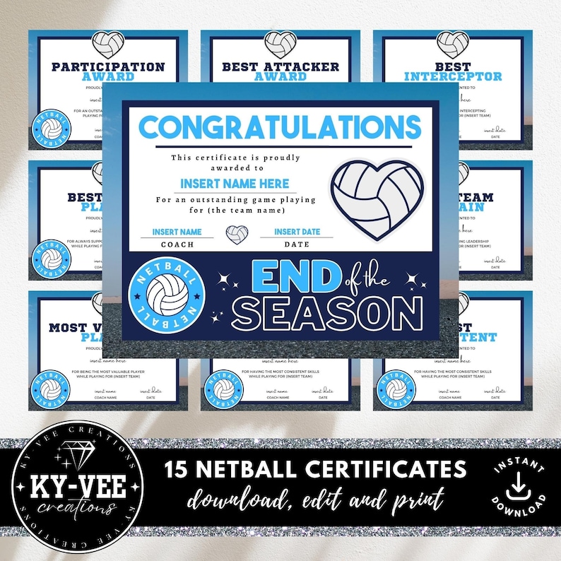 15 Netball Certificate Templates, INSTANT DOWNLOAD, Editable Awards ...