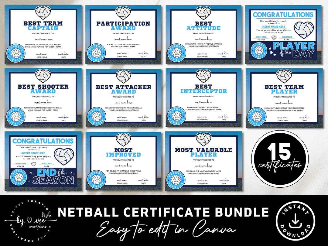 15 Netball Certificate Templates INSTANT DOWNLOAD Editable - Etsy New ...