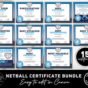 15 Netball Certificate Templates INSTANT DOWNLOAD Editable - Etsy New ...